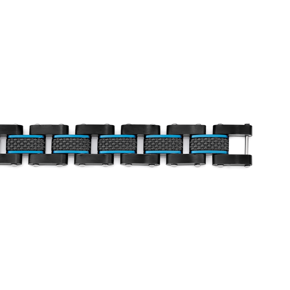 Stainless Steel Black With Blue Details Texture Link Bracelet Prouds